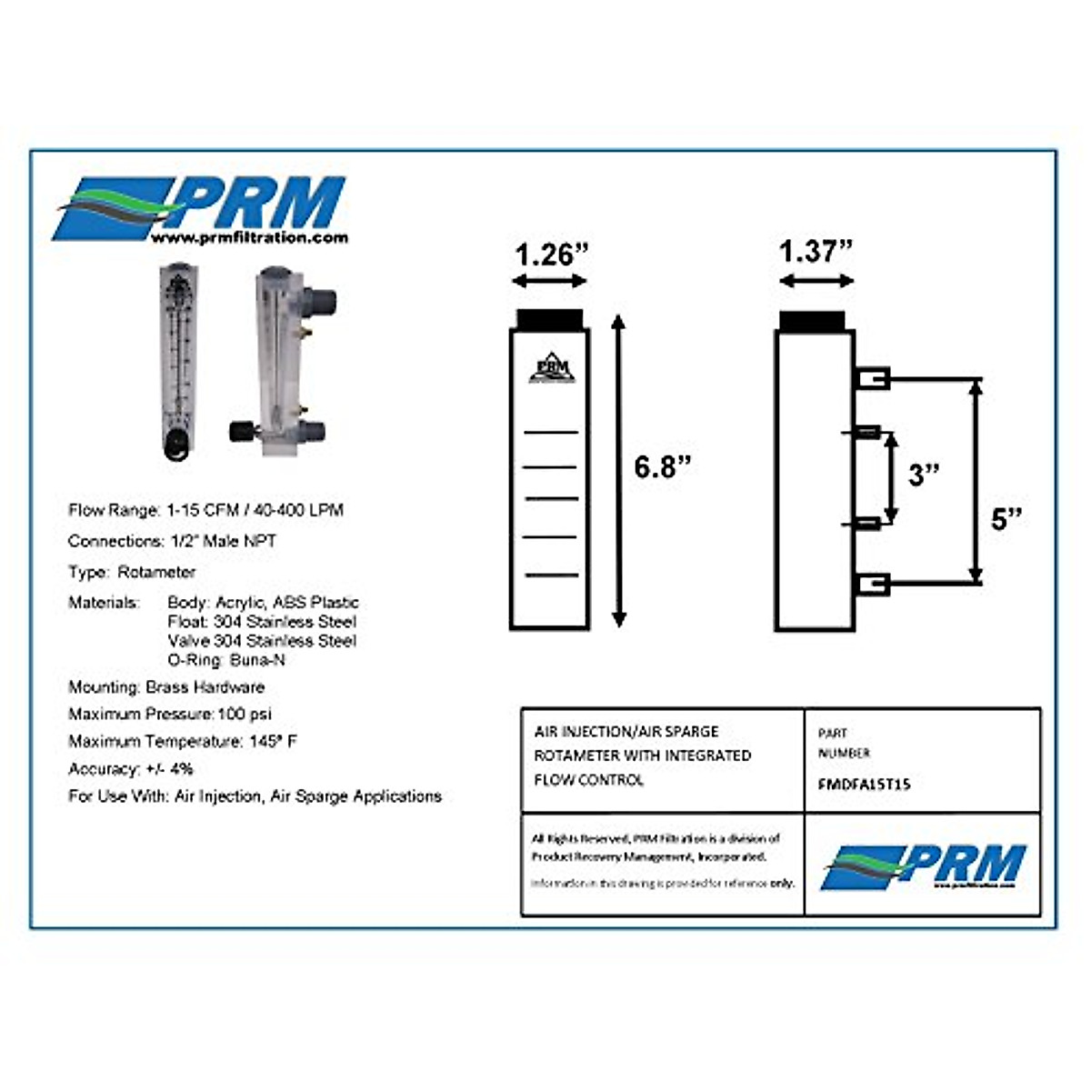 PRM Air Injection/Air Sparge Rotameter with Integrated Flow Valve, 1-15 CFM / 40-400 LPM