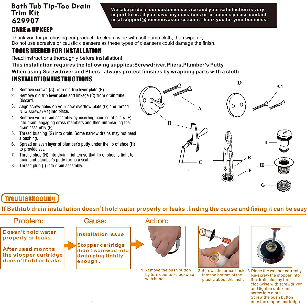 Artiwell Tip-Toe Tub Trim Set with Two-Hole Overflow Faceplate, Replacement Bath Drain Trim Kit with 2-Hole Overflow Faceplate and Universal Fine/Coarse Thread (Chrome Plated)