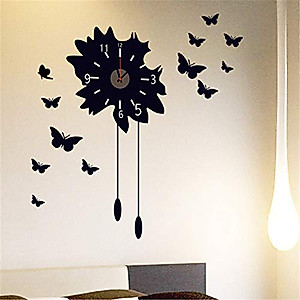KXA Personality Mute Wall Clock, Butterfly Flower 3D Big Wall Clock Rushed Mirror Wall Sticker DIY Living Room Home Decor Watches Wall Clocks 30 90cm