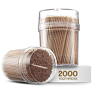 Prestee 2000ct Wooden Toothpicks + Reusable Toothpick Holder Container, Dark Wood - Sturdy Smooth Finish Bamboo Tooth Picks for Teeth, Party Cocktail Picks, Toothpicks for Appetizers, 100% Natural