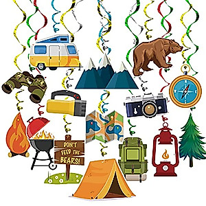 Camping Hanging Swirl Party Decorations 30 Pack Foil Ceiling Hanging Streams Party Supplies Banner Decor for Kids Camping Adventure Bear Birthday Celebrating Party Events Baby Shower Room Wall Decor