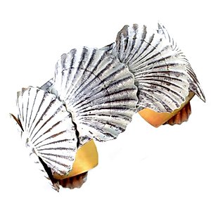 Elaine Coyne Wearable Art White Chocolate Patina Brass Overlapping Scallop Shells Cuff Bracelet
