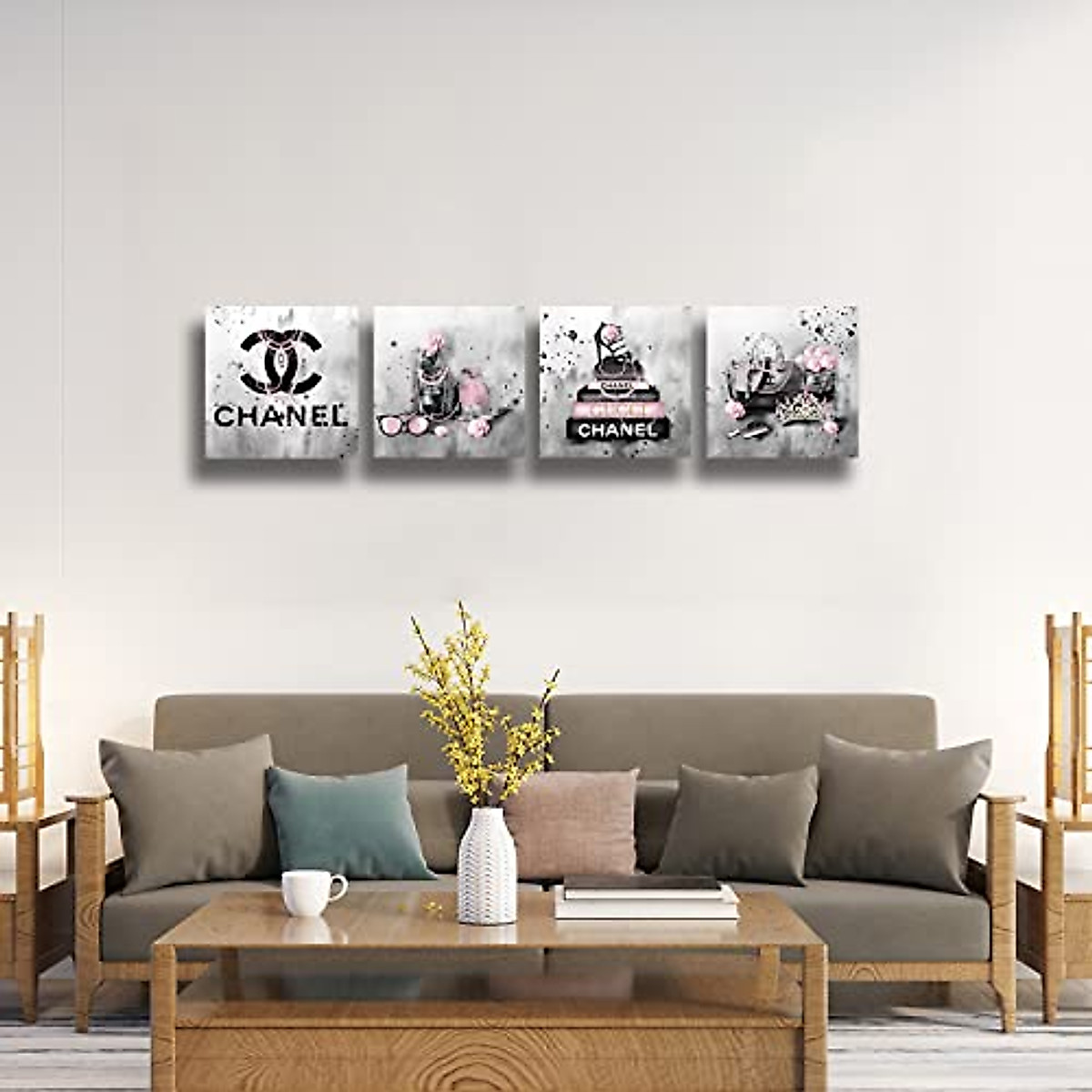 Fashion Pink Wall Decorations - Grey Wall Decor for Bedroom - Women Satchel Painting Pictures Wall Art - Book Canvas Prints for Home Decor 10"x 10"x 4 Panel