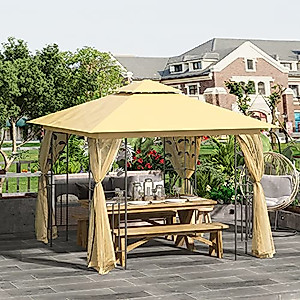 Outsunny 10' x 10' Metal Patio Gazebo, Double Roof Outdoor Gazebo Canopy Shelter with Tree Motifs Corner Frame and Netting, for Garden, Lawn, Backyard, and Deck, Beige