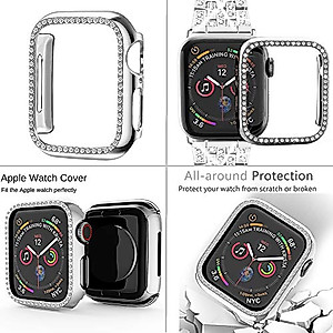 Supoix Compatible with Apple Watch Band 38mm + Case, Women Jewelry Bling Diamond Rhinestone Replacement Metal Strap &Soft TPU Protector Case for iWatch Series 3/2/1（Silver)