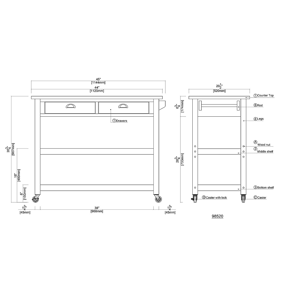 Boraam Sonoma Kitchen Cart, Barnwood Wire-Brush