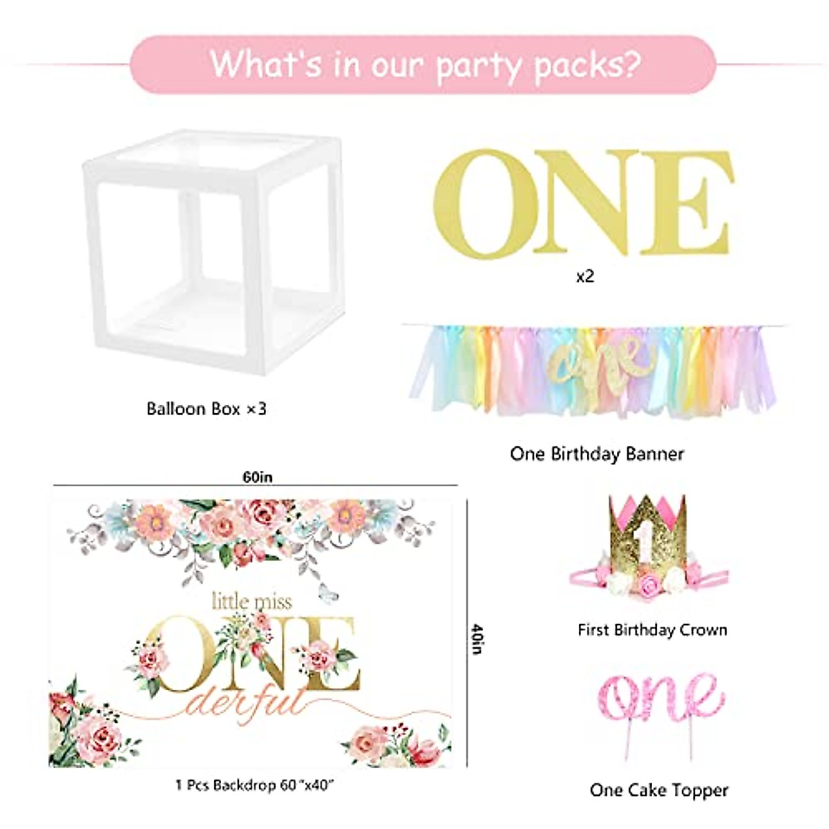 PYCALOW First Birthday Decorations Girl - 1st Birthday Girl Decorations Include Balloon Garland Arch, Box, Backdrop, Hat, Banner, High Chair Banner, Poster, Topper, Baby Girl 1st Birthday Decorations