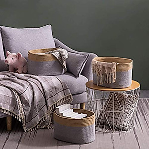 YOUDENOVA Rope Basket for Storage, Woven Storage Basket Bins, Set of 3, Nursery Basket for Toys, Throws, Makeups, Brown & Grey