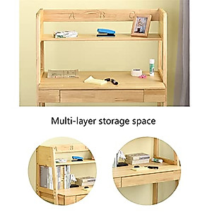 BBSJ Solid Wood Table and Chairs Set Student Study Table Home Lifting Wooden Safety Writing Desk Combination with Bookshelf