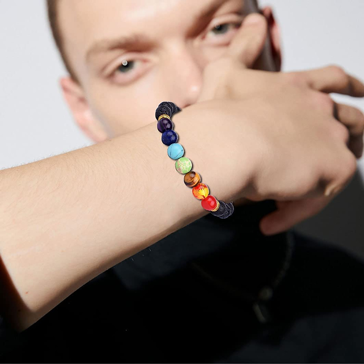 Svovin 14 Pcs Lava Rock 7 Chakra Energy Oil Diffuser Bracelet Set for Women Men Unisex Elastic 8mm Stone Yoga Beaded Bracelets Jewelry With Lucky Healing