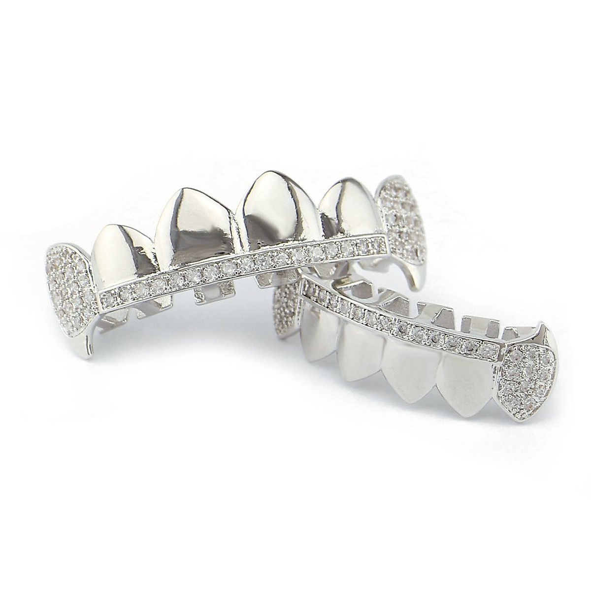 Psivika Gold Plated Shiny Hip Hop Teeth Grillz Caps Iced Out CZ Top and Bottom Vampire Fangs Grillz with Diamonds for Your Teeth for Men and Women (Silver)