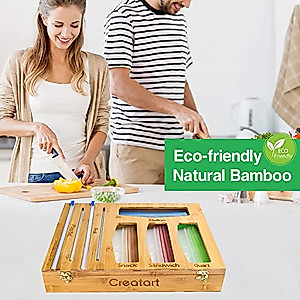 Creatart Bamboo Foil and Plastic Wrap Dispenser with Cutter 6 in 1 Ziplock Bag Storage Organizer for Drawer 12" Food Storage Bag Organizer for Gallon, Quart, Sandwich and Snack