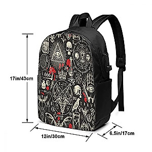 Nicokee Laptop Backpack Carry On Backpack Durable Large Leisure Bag Occult Skull Rune Demon Blood Bat Crow Eye Multifunctional Backpack With Usb Port 17 Inch For Man/Woman