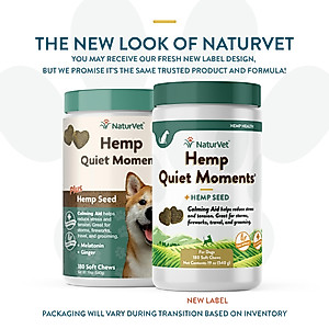 NaturVet Quiet Moments Calming Aid Dog Supplement, Helps Promote Relaxation, Reduce Stress, Storm Anxiety, Motion Sickness for Dogs (Quiet Moments Plus Hemp, 180 Soft Chews)