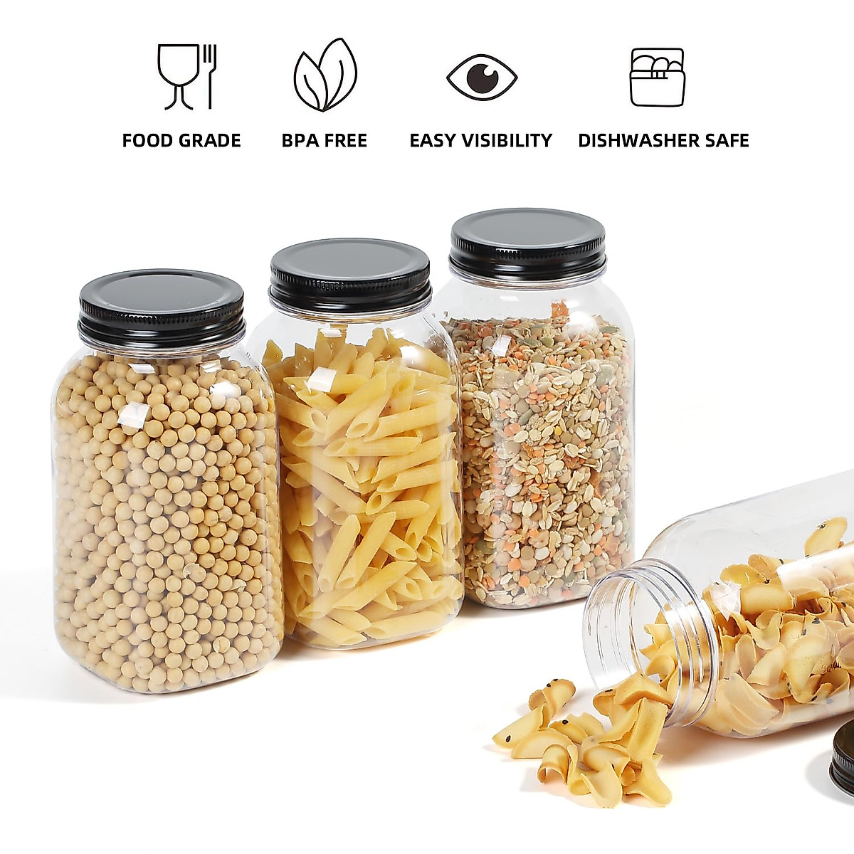 OMNISAFE 32 Ounce Clear Plastic Mason Jars With Screw On Lid, Reusable Empty Jars for Food Storage, Round BPA Free Containers for Sealing, Dry Food, Snacks, Candies, Breakage-proof, (Black - 12 Pack)