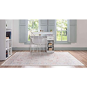 Unique Loom Noble Collection Country, Traditional, Distressed, Vintage, Botanical, Border Area Rug, 5' 1" x 7' 10" Rectangle, Ivory/Blue