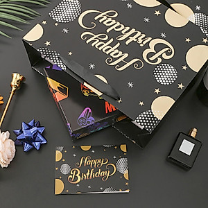 U'COVER 13" Black Happy Birthday Gift Bags Medium Size for Men Gold & Silver Foil Polka Dots Gift Bag with Handles for Father Husband with Card & Tissue Paper (Black & Golden)