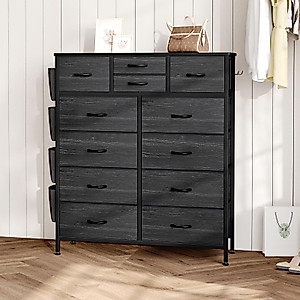 YaFiti Dresser for Bedroom with 12 Drawers, Chest of Drawers with Side Pockets and Hooks, Fabric Dresser Drawers for Living Room, Hallway, Entryway (Black Wood Grain)