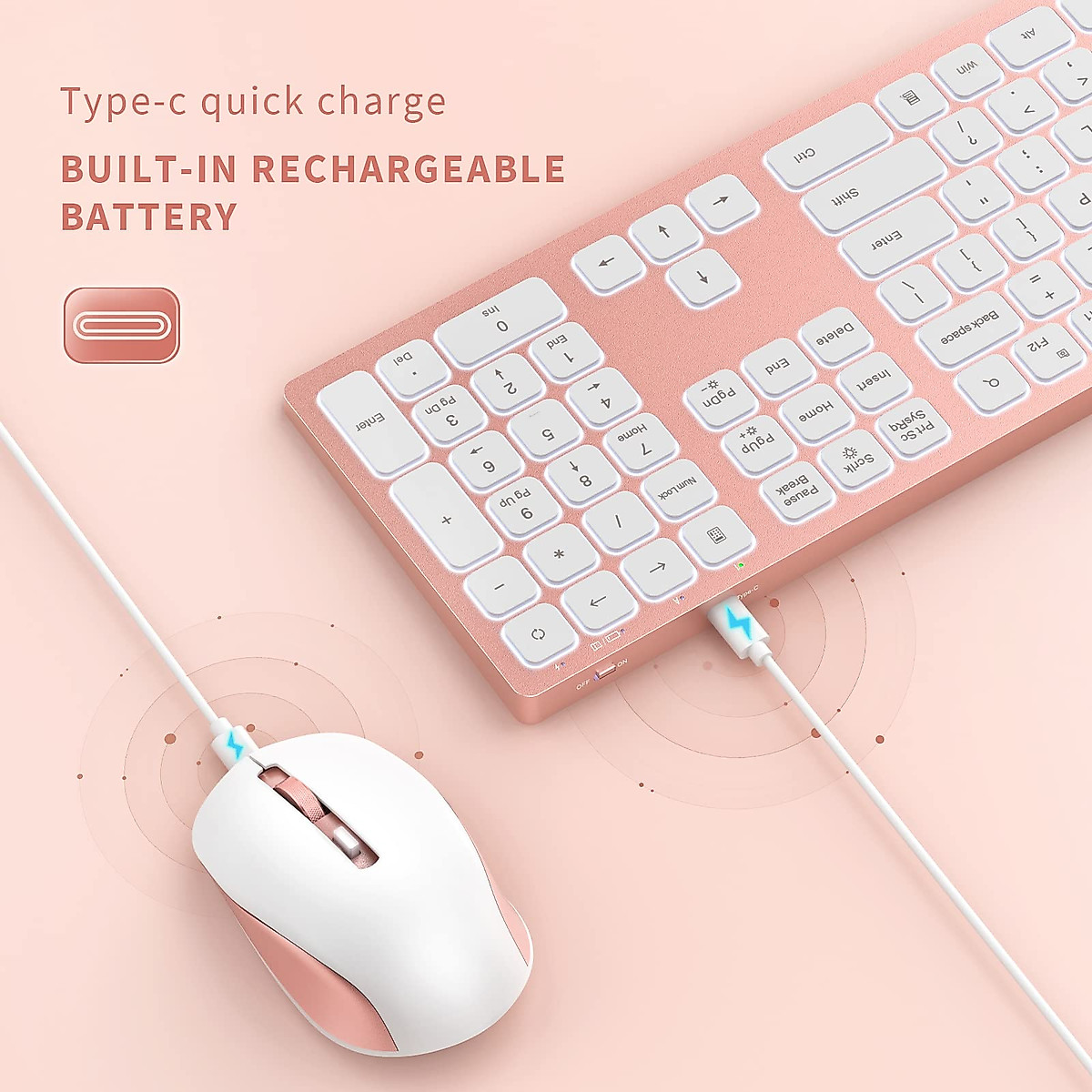 Wireless Keyboard and Mouse Combo with Backlit, Seenda Illuminated Rechargeable Full-Size Keyboard and Mouse for Windows Computer Laptop Desktop (Rose Gold)