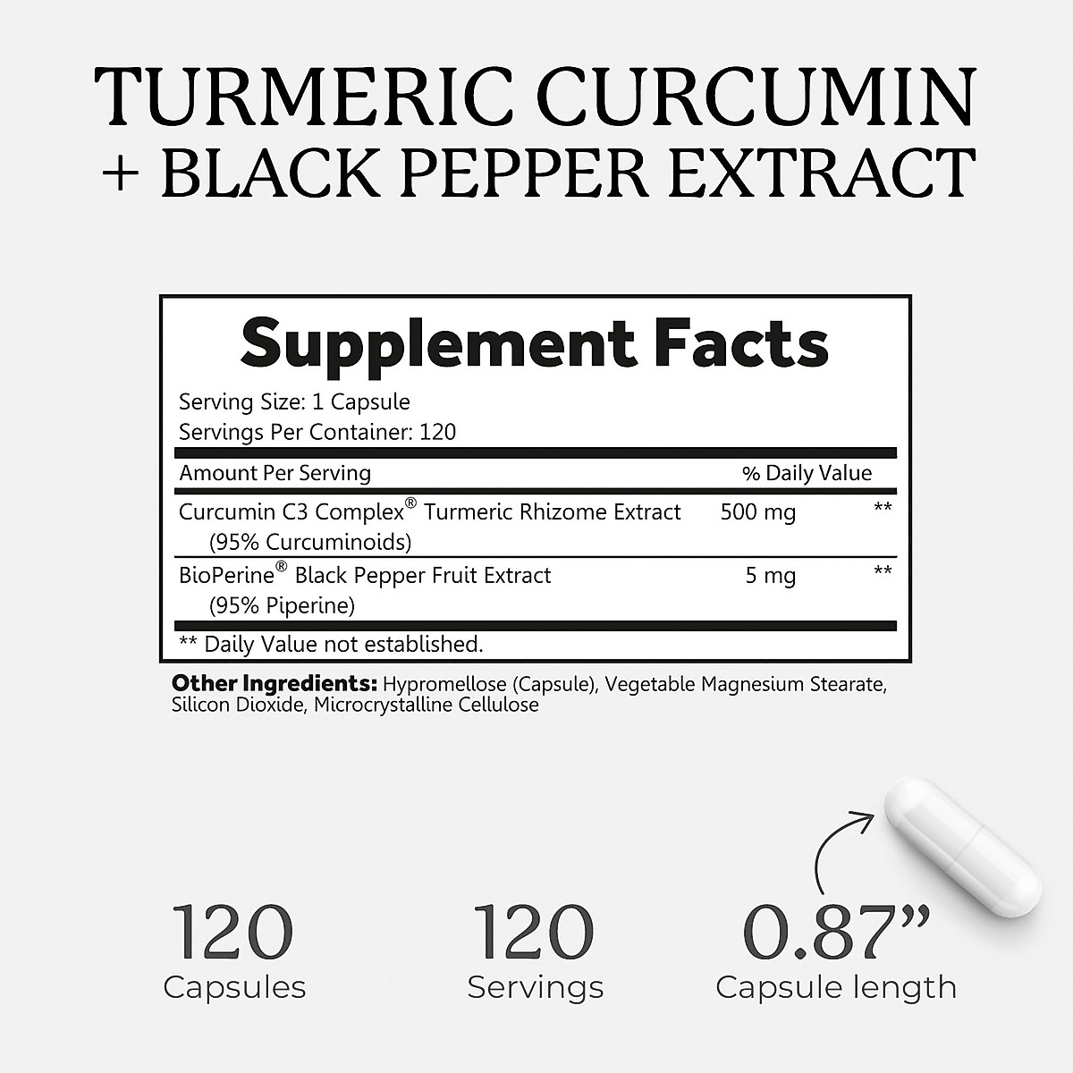 Bliss Serenity Turmeric Curcumin C3 Complex 500 mg, Enhanced with Black Pepper for Better Absorption; Kosher Certified, Non-GMO and Gluten Free - Standardized 95% Curcuminoids - 120 VegCaps