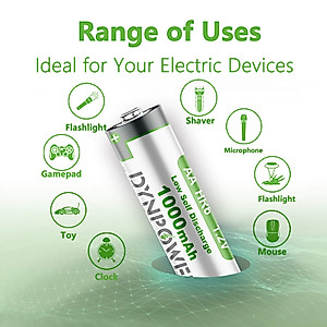 Dynpower NiMH AA 1000mAh Rechargeable Batteries 1.2V,Pre-Charged Double A for Outdoor Solar Lights Garden Light String Lights, (Pack of 8)
