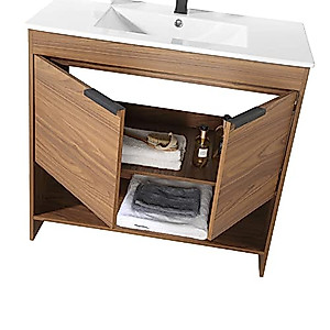 Bathroom Vanity with Integrated Ceramic Sink - Bathroom Vanity with Sink & Modern Knob Design - Bathroom Vanities with Sturdy Marble Top & Soft Closing Doors (36 Inch) Walnut