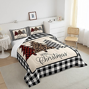 Merry Christmas Kids Comforter Set Queen Size,Xmas Tree Rustic Bedding Set,Girls Boys Adults Bedroom Decor,Geometric Grid Patchwork Down Comforter,Black White Stylish Duvet Insert,3pcs,2 Pillowcases