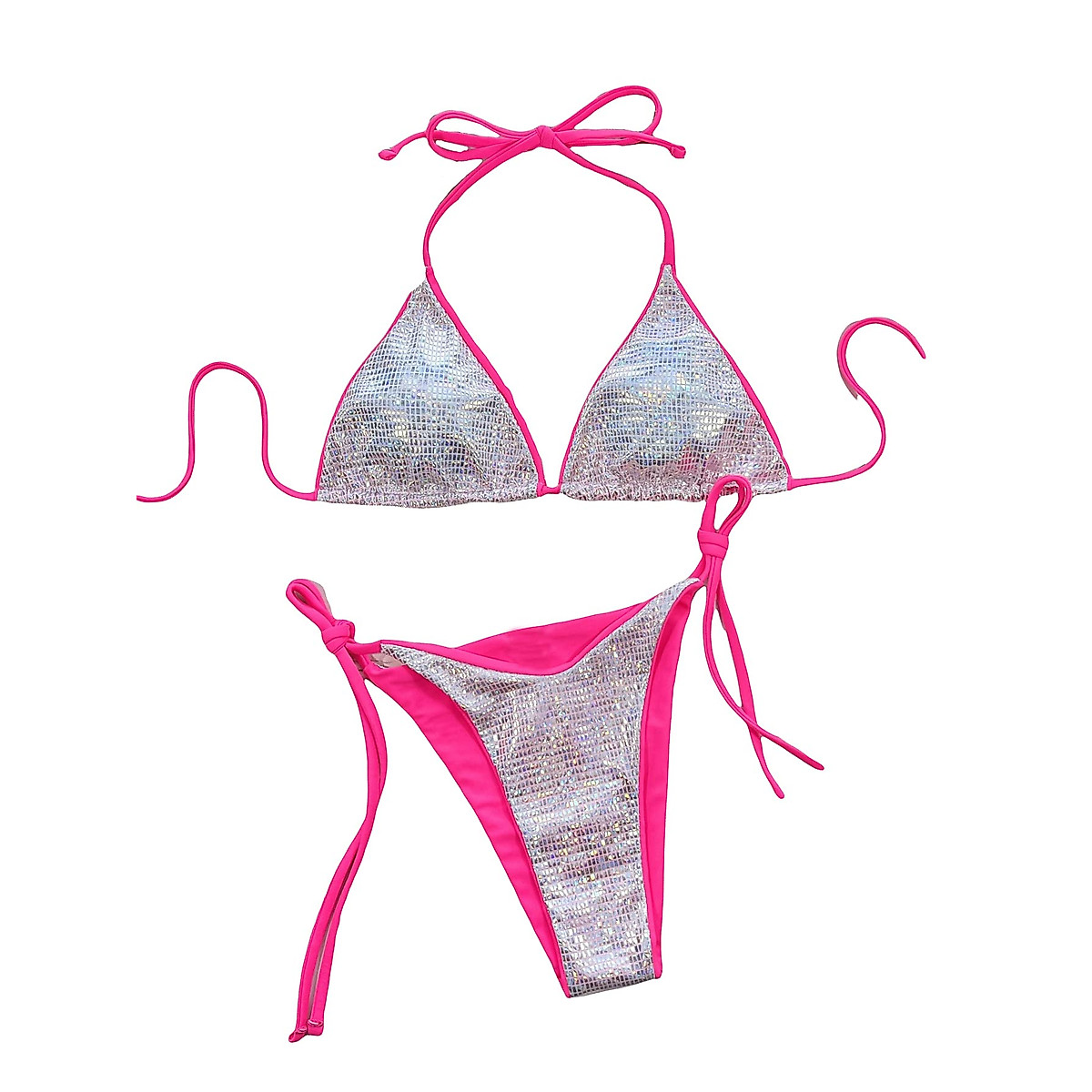 SOLY HUX Women's Sexy Metallic 2 Piece Swimsuit Halter Triangle Tie Side Bikini Set Bathing Suits Silver M