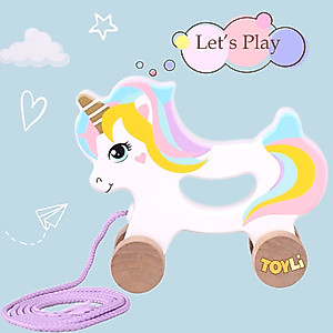 TOYLI Wooden Unicorn Push & Pull Along Toy Developmental Montessori Toddler Pull Toys Improves Balance Strength Confidence for Infants Develop Cognitive Skills Baby Toddlers 18 Month Pull Toy