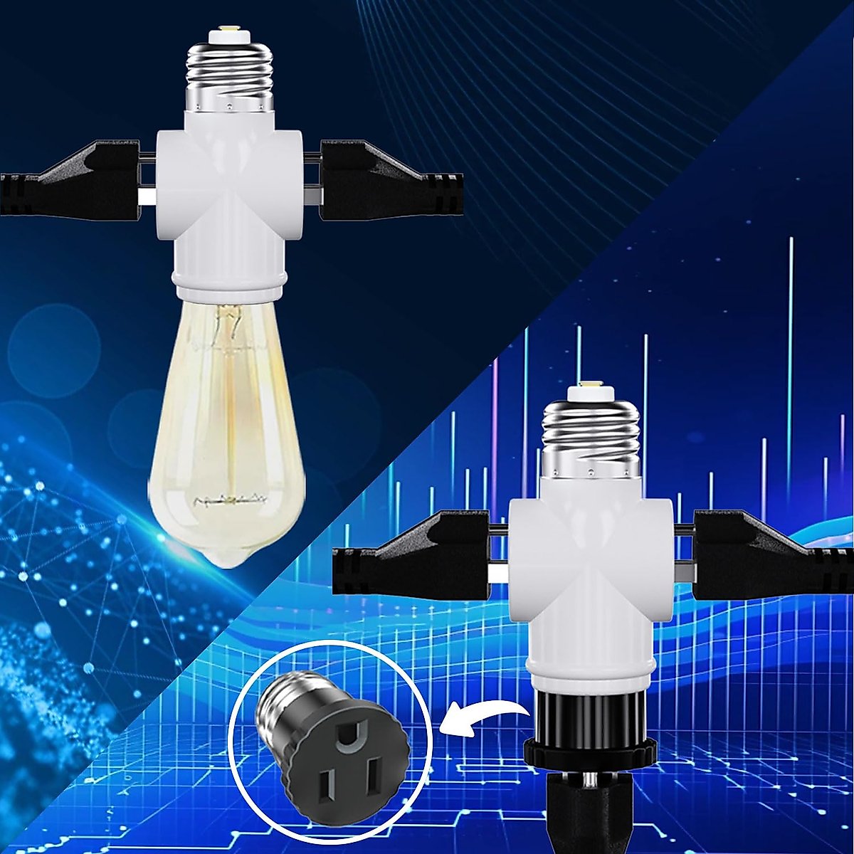 2 Pack, Light Socket to Plug Adapter, Convert E26 Light Socket to 3-Prong Outlet Adapter and Light Bulb Socket (White)