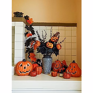 Anna's Whimsy 10PCS Halloween Decor Artificial Flowers Black Roses with Pumpkins, Halloween Table Centerpiece for Dining Kitchen Living Room Bedroom Front Door, Silk Flowers Bouquet Indoor Outdoor