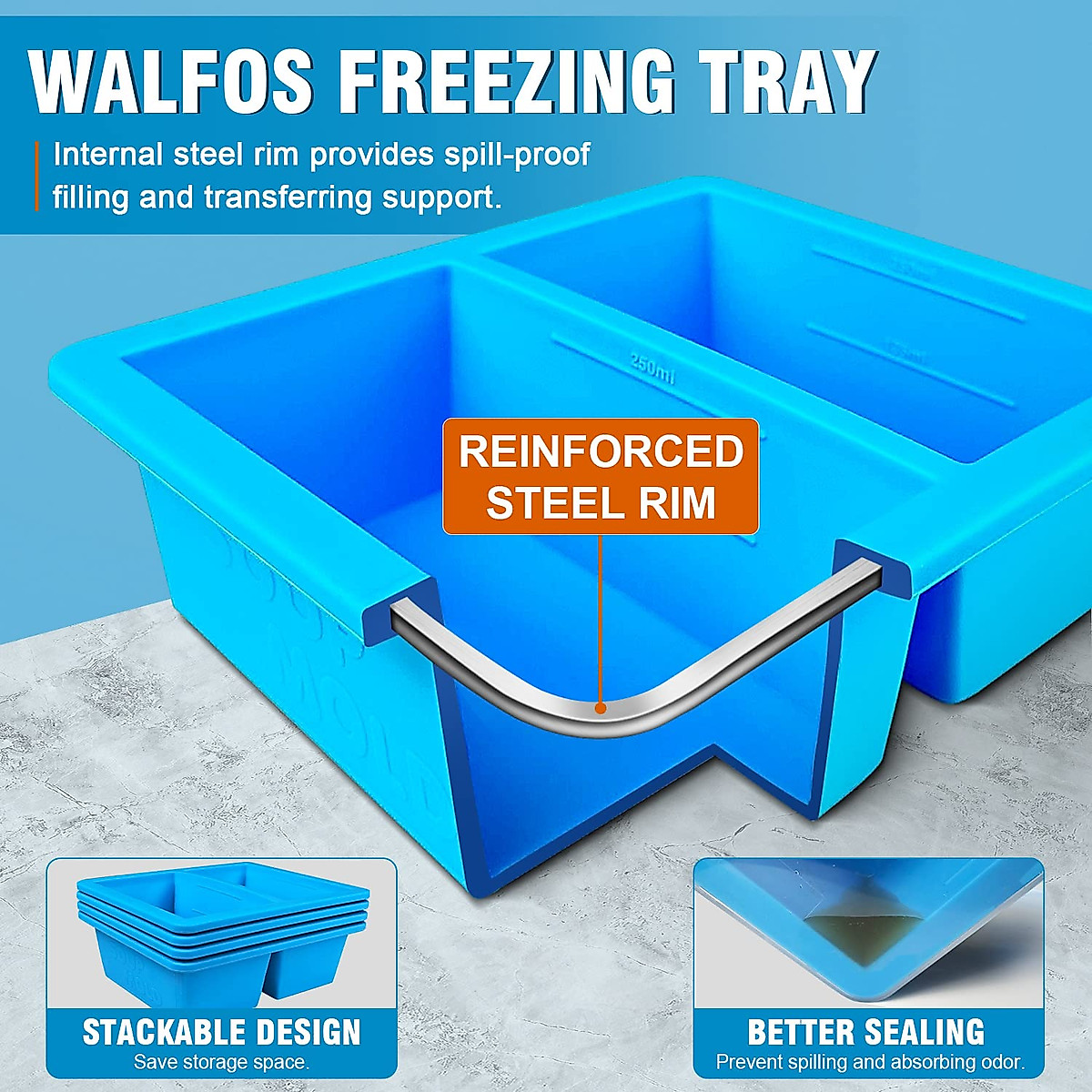 Extra-Large Silicone Freezing Tray with Lid, Walfos 1-Cup Freezer Tray for Soup, Silicone Soup Freezer Container For Storing and Freezing Soup, Broth, Sauce and Ice, 2 Pack