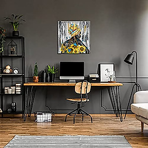 African American Wall Art Canvas Prints Black Woman Oil Painting Sunflower Butterfly Poster Picture Abstract Girl Portrait Modern Home Decor for Bedroom Living Room Ready to Hang 24x24Inch