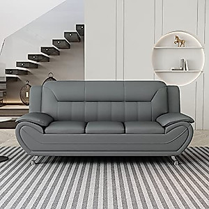 Container Furniture Direct Michael Modern Faux Leather Upholstered Stainless Steel Legs Living Room, Sofa, Sleek Gray