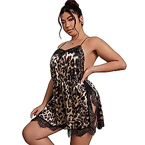 Verdusa Women's Plus Size Leopard Lace Trim Sleepwear Satin Sleep Romper Pajama Oneise Multicolor 2XL
