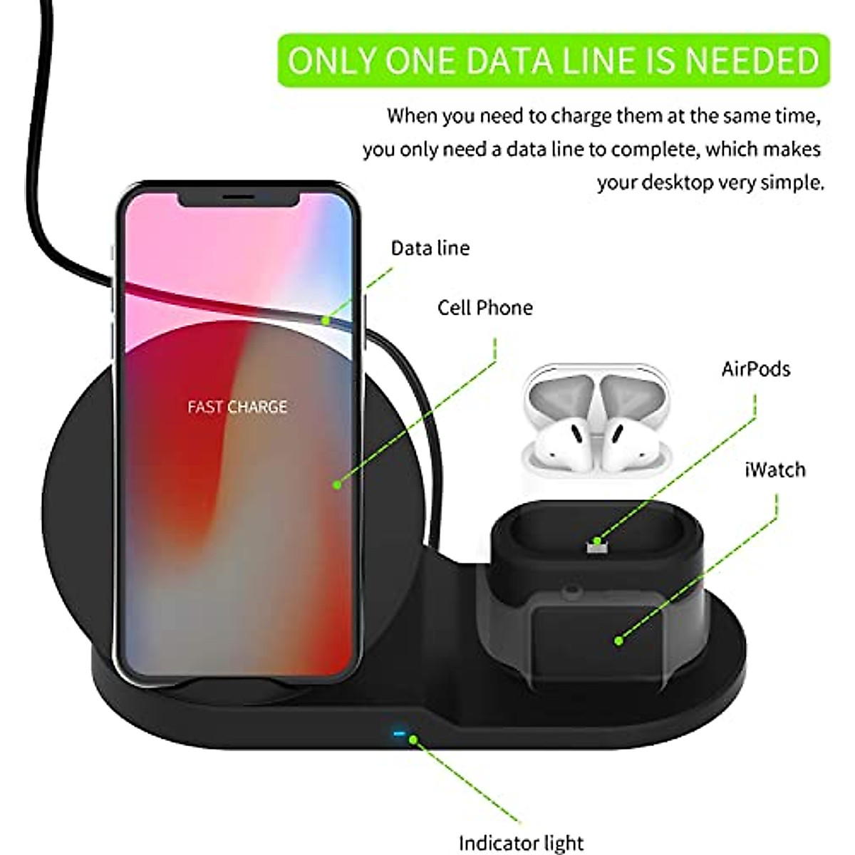 Wireless Charger, 3 in 1 Charging Station for Apple, Wireless Charging Stand Apple Watch Charger for Apple Watch and iPhone Airpod Compatible for iPhone X/XS/XR/Xs Max/8 Plus iWatch Airpods-Black