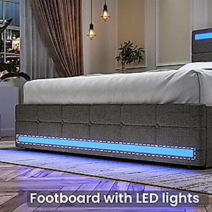 ADORNEVE LED Full Size Bed Frame with Storage Drawers, Platform Bed Frame with 2 USB Ports, Upholstered Bed with LED Lights Headboard Footboard, Square Stitched Button Tufted Design, Dark Grey