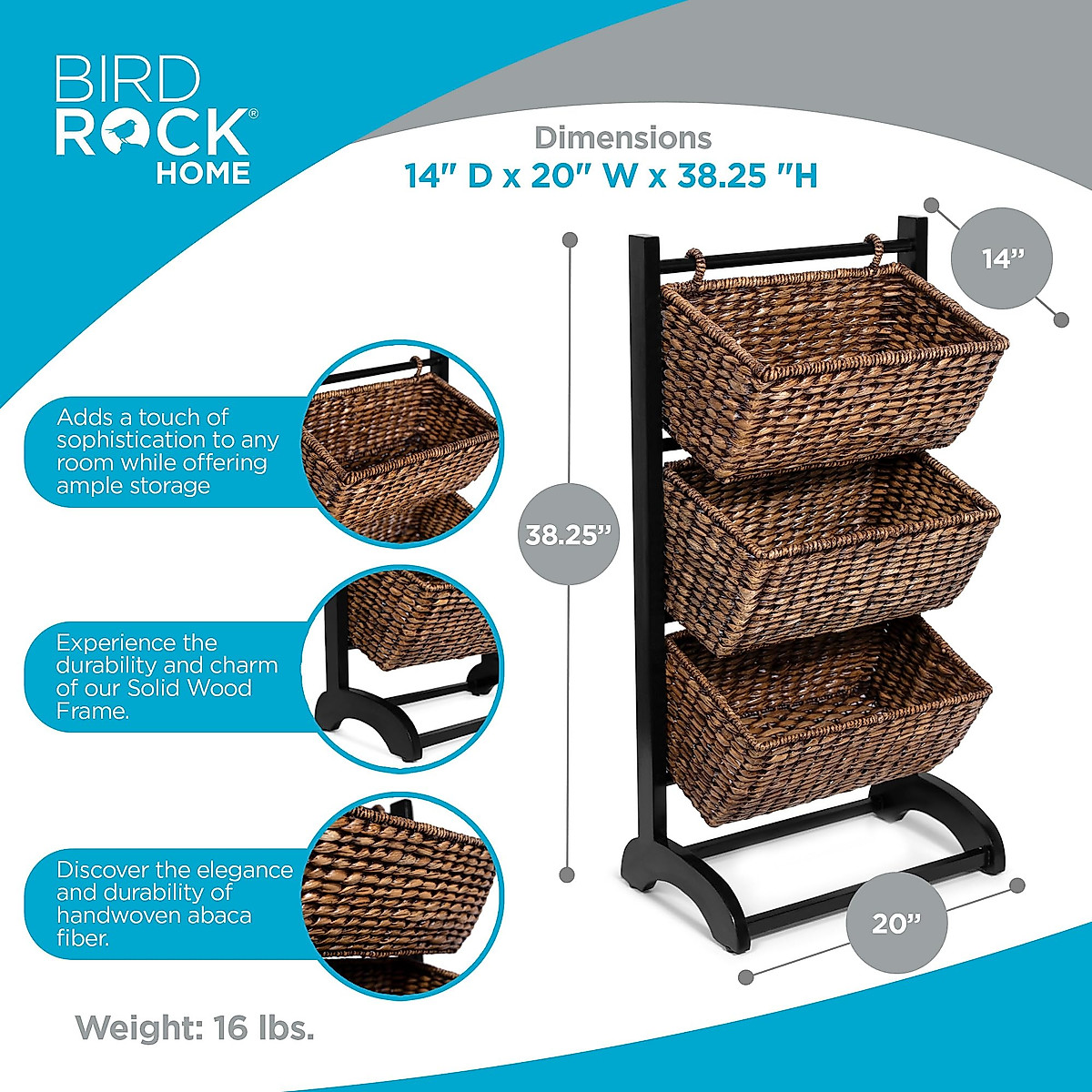 BIRDROCK HOME 3-Tier Abaca Storage Organizer Shelf with Solid Wood Frame - Durable Handwoven Abaca Fiber Baskets - Ideal for Organizing Living Rooms, Bedrooms, or Kitchens - Brown Wash, Espresso