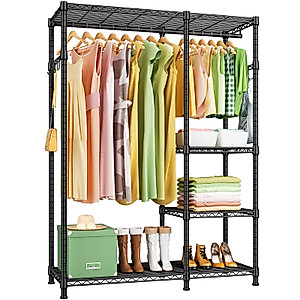 Ulif F4 Heavy Duty Clothes Rack（With Hanger Rod ） Freestanding Clothing Racks for Hanging Clothes，Adjustable Closet Organizer System，Portable Garment Rack 45" W x 15" D x 70" H，Max Load 500LBS，Black