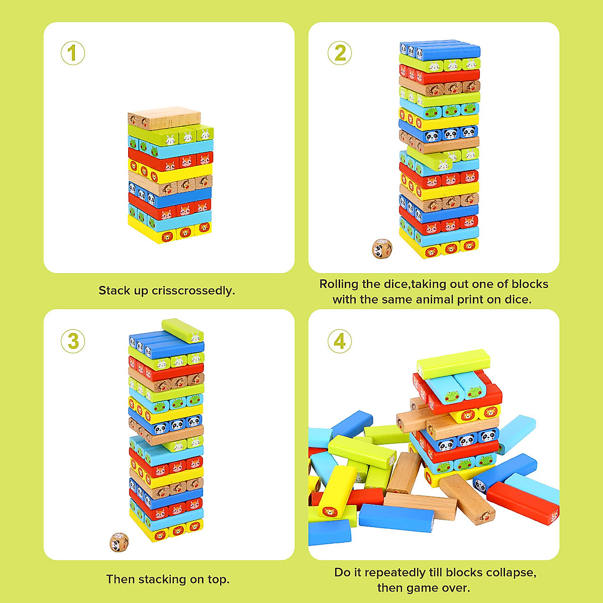 TOOKYLAND Colored Wooden Blocks Stacking Board Games Tumble Tower Games with Animal Pictures for Kids Boys Girls - 80 Pieces