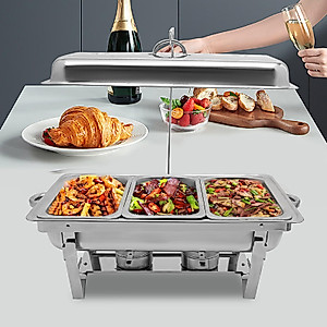 LOHISHILO Stainless Steel Chafing Dish with 3 Food Pans Catering Buffet Warmer Tray Party Foldable Frame Buffet Set, for Party, Restaurants, Hotels, Schools, Offices, Food Trucks,Cafeterias(Silver)