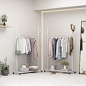 DR.IRON Rolling White Clothing Racks on Wheels,Metal White Clothes Racks with Shelves,Modern Coat Rack freestanding for Organizing Clothes and Shoes,bags,hats