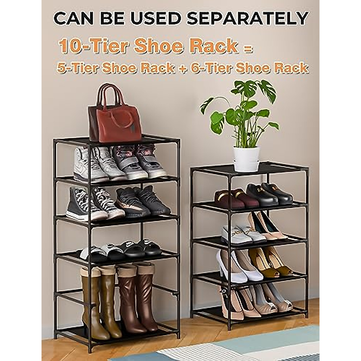 NiHome 10-Tier Tall Shoe Rack with Dustproof Waterproof Cover, Compact Narrow Shoe Rack Free Standing Shoe Storage Organizer for Closet Entryway, Metal Structure Vertical Shoe Shelf Tower, Black