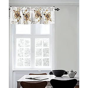 Kitchen Cafe Valance Curtain for Small Windows,Abstract Gold Flower with Leaves Rod Pocket Short Blackout Curtains,Floral and Life Quote on White Window Treatment for Living Room Bedroom Bathroom