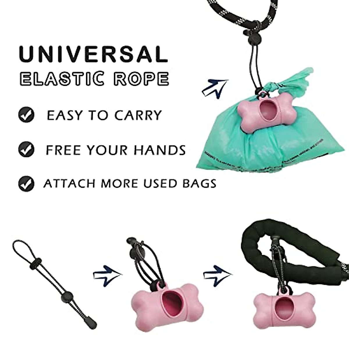 Dog Poop Pickup Bags Holder Dispenser with 1 Roll Random Color Leak-proof Scented Doggy Waste Bags and Carabiner with Safety Lock Plus Hook and Loop Fastener Never Loose on Leash Lead Again (Pink)
