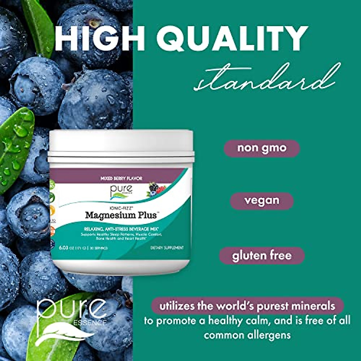 Pure Essence Labs Ionic Fizz Magnesium Plus, Anti-Stress Supplement Drink Powder, Gluten Free and Non-GMO Magnesium Powder (Mixed Berry, 6.03 Ounce (Pack of 1))