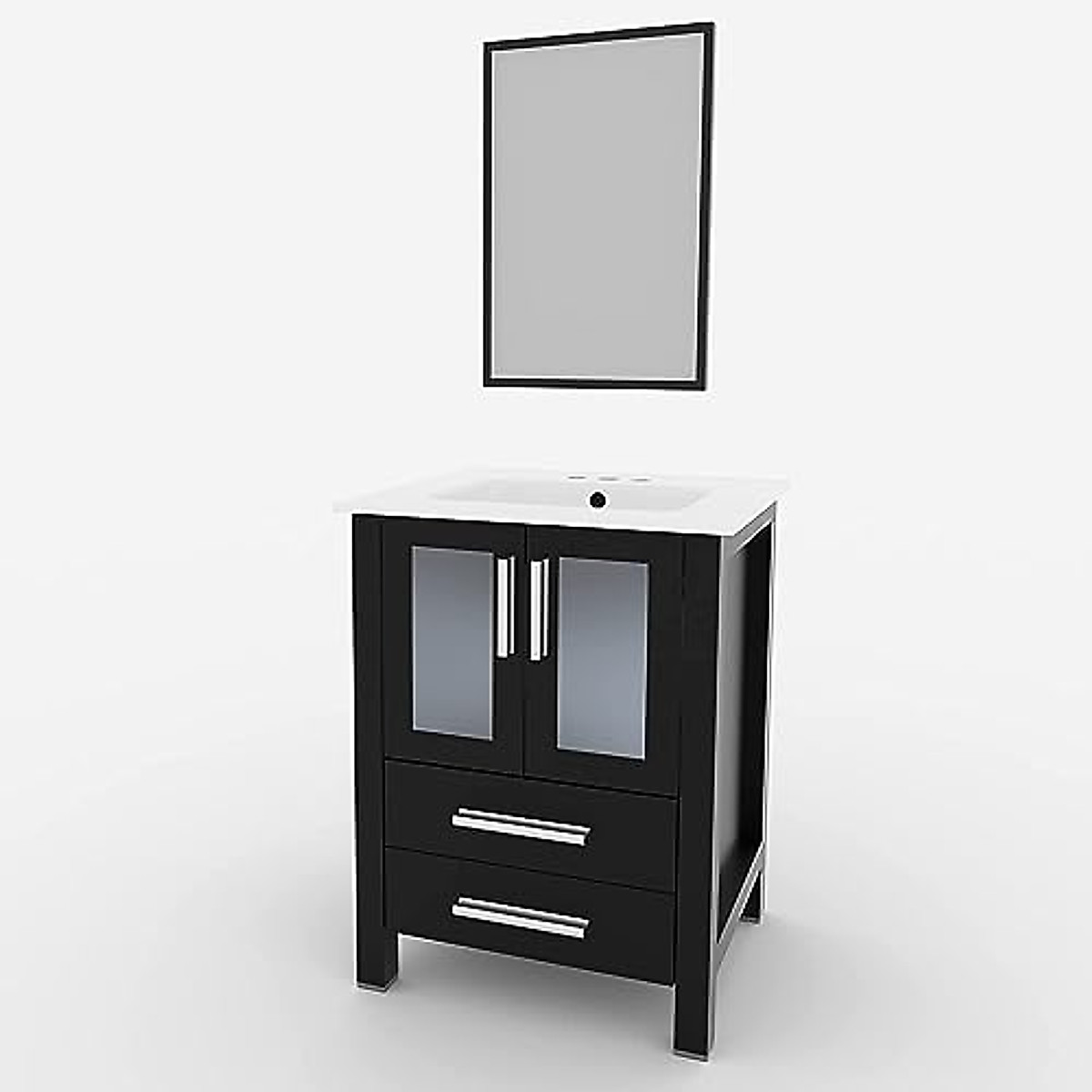 LUCKWIND 24" Modern Bathroom Vanity with Sink Combo, Black MDF Bathroom Storage Cabinet with Overflow 3-Hole Drop in Ceramic Vessel Sink Top & Mirror, Excluding Faucet