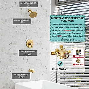 FROPO Brushed Gold Shower Tub Faucet Set With Valve - Gold Shower Head and Handle Set, Shower Faucet Set With 6 Inch Rain shower Head and Tub Spout, High-Pressure Tub Shower Trim Kit