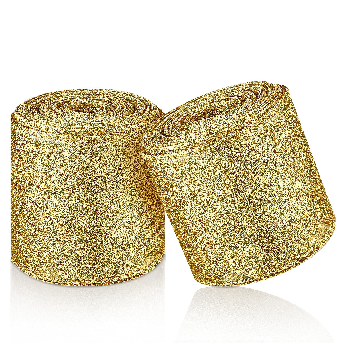2 Rolls 20 Yards Christmas Ribbon Metallic Glitter Ribbon Wired Edge Decorative Fabric Ribbons for Party Wrapping Home Decorations Wedding Birthday DIY Crafts 2.5 Inch (Gold)