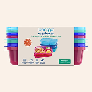 Bentgo Easyboxes - Original Stackable Lunch Boxes - Reusable 3-Compartment Food Containers for Kids and Adults - Bento Lunch Box for Meal Prep, School, & Work - BPA Free, Set of 4 (Jewel Brights)